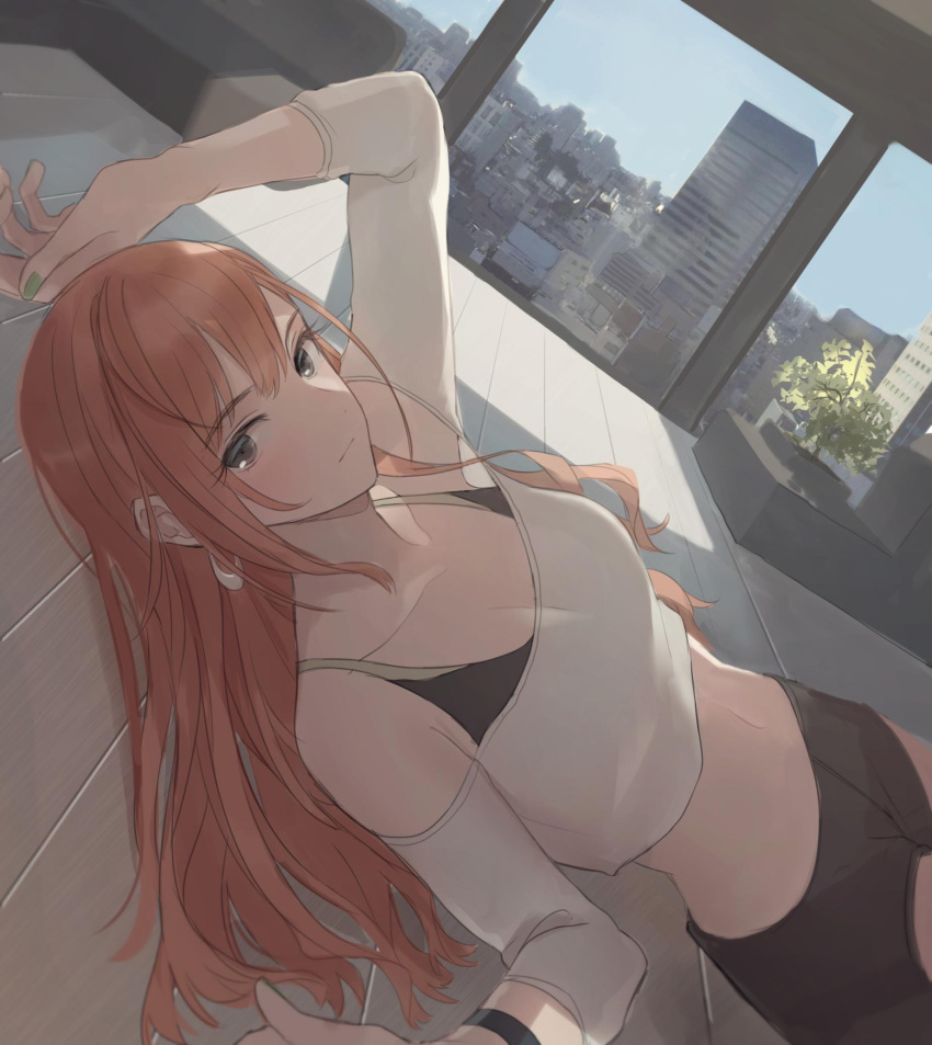 Safebooru - 1girl bike shorts black eyes blush cityscape dutch angle expressionless highres long ...