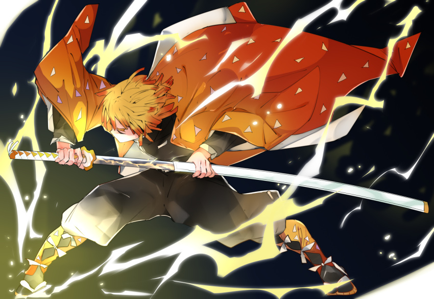 Safebooru - 1boy agatsuma zenitsu black background closed eyes coat ...