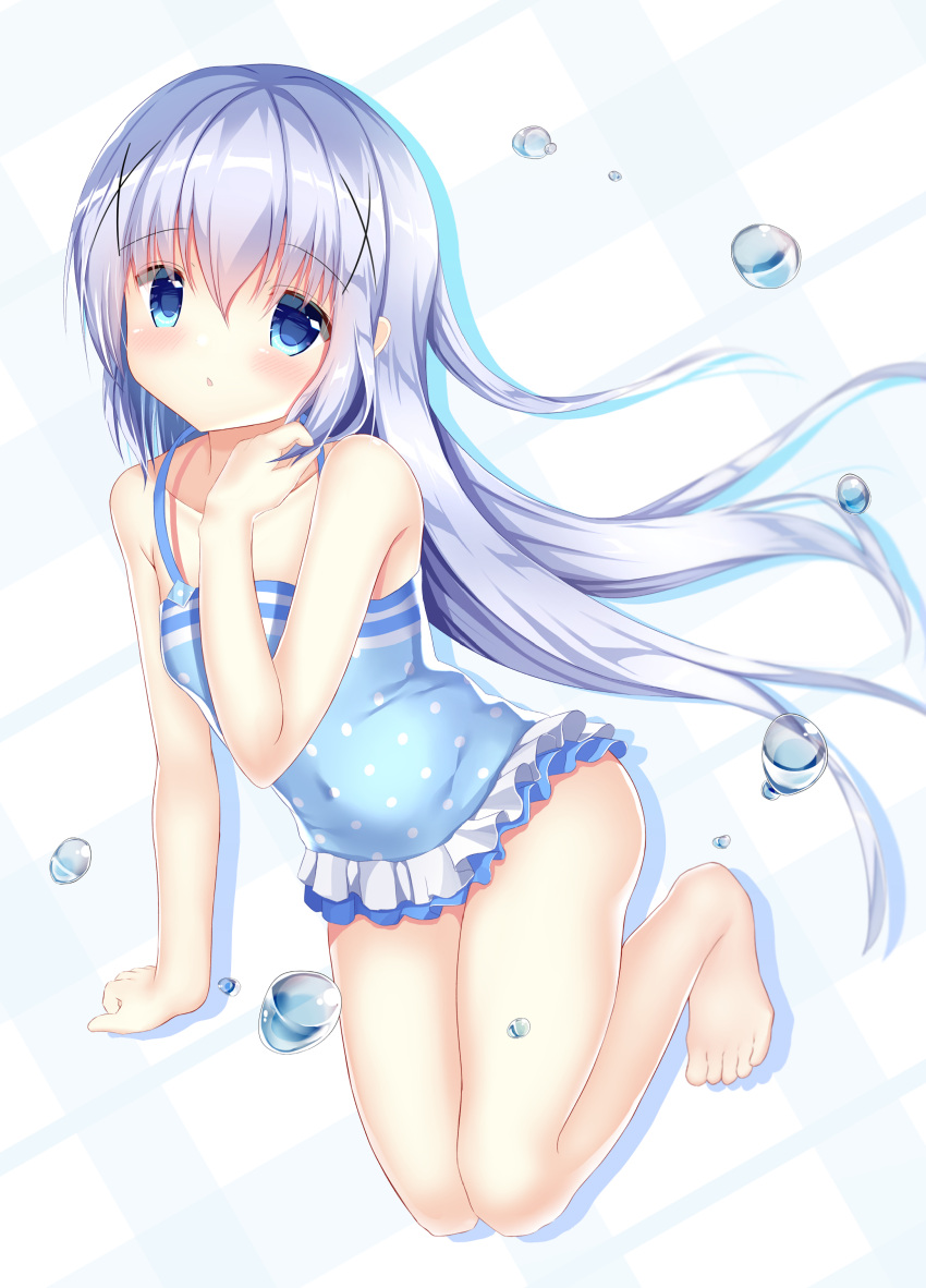 Safebooru - 1girl absurdres bangs barefoot blue eyes blue swimsuit blush casual one-piece ...