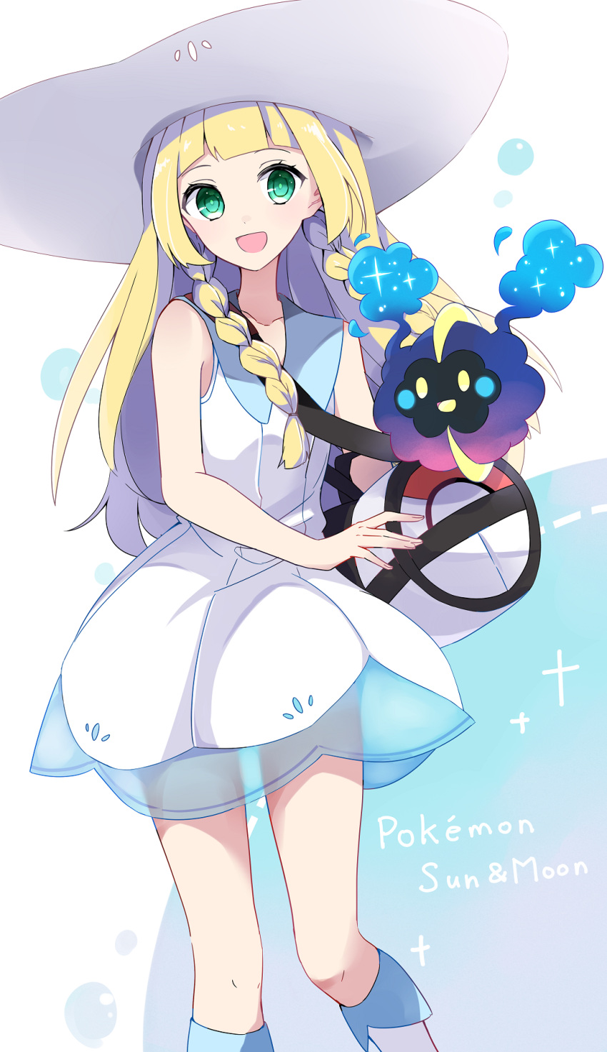 Safebooru - 1girl :d aa (sin2324) bag bangs bare arms bare shoulders blonde hair braid ...