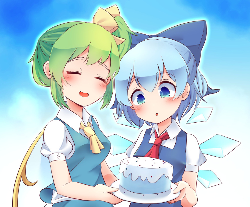 Safebooru - 2girls bangs blue eyes blue hair blush bow cake cirno closed eyes daiyousei farrel ...