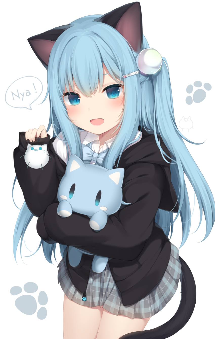 Safebooru - 1girl :d amashiro natsuki animal ears animal hood bangs black jacket blue bow blue ...