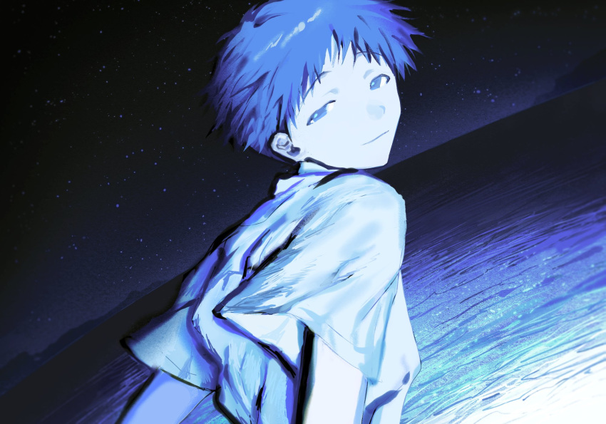 Safebooru - 1boy bangs beach blue theme closed mouth collared shirt ...