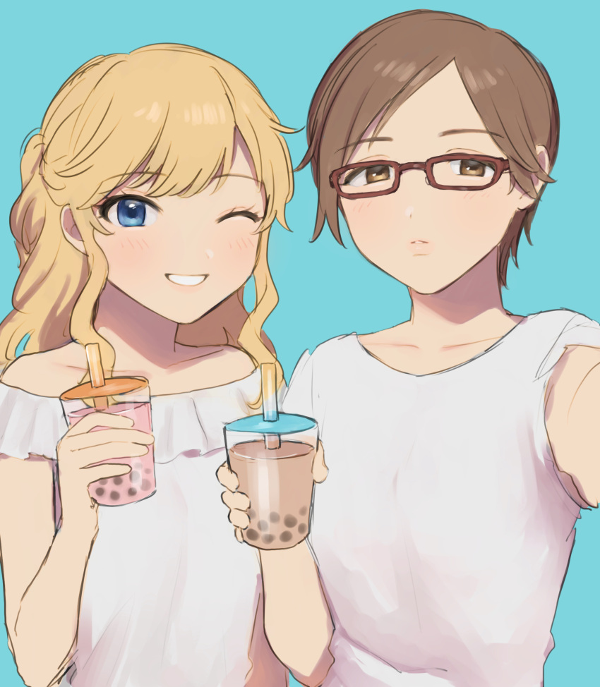 Safebooru - 1girl 2girls aikawa chinatsu bare shoulders blonde hair blue background blue eyes ...