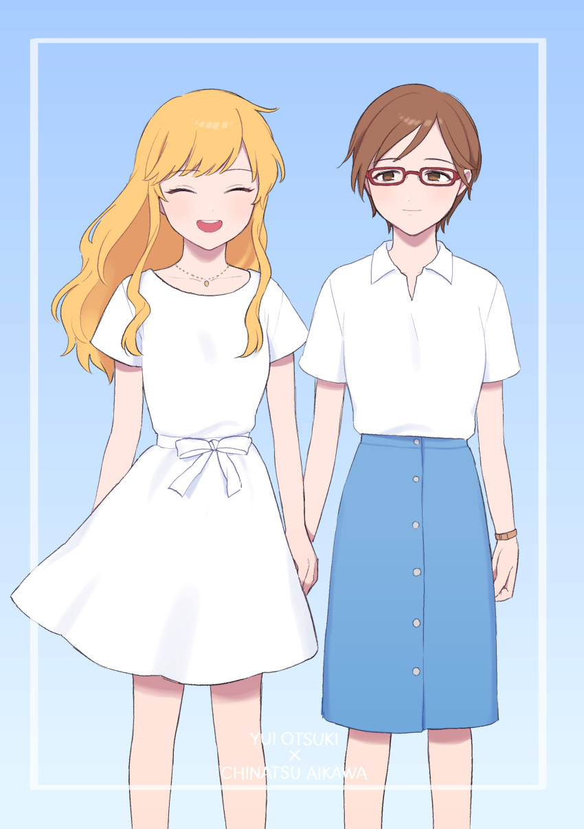 Safebooru - 2girls absurdres aikawa chinatsu blonde hair blue skirt brown eyes brown hair ...