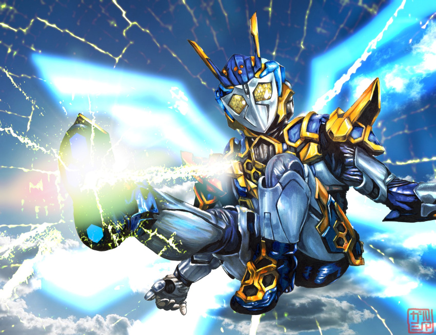 Safebooru - 1girl armor electricity flying kick helmet highres kamen ...