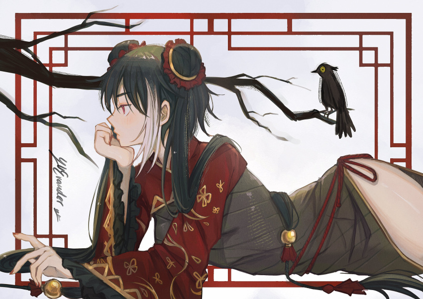 Safebooru - 1girl absurdres bird black dress black hair border branch chinese clothes double bun ...