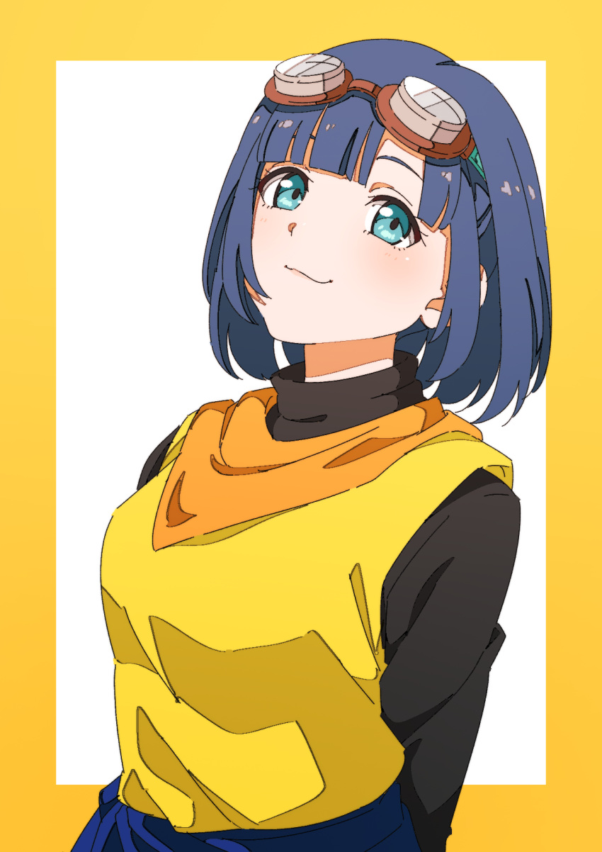 Safebooru - 1girl aqua eyes arms behind back black shirt blue hair blue ...