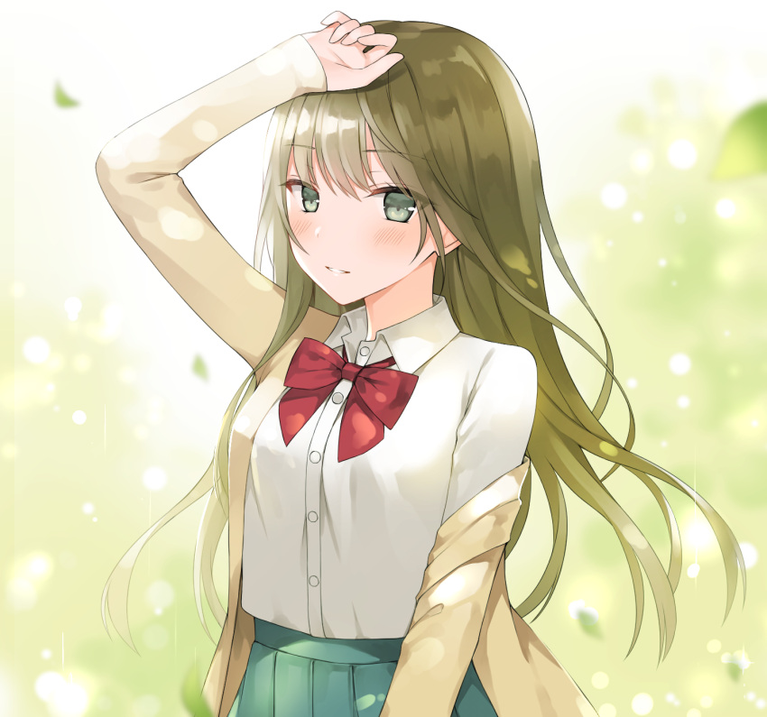 Safebooru - 1girl arm up bangs blurry blurry background blush bow ...