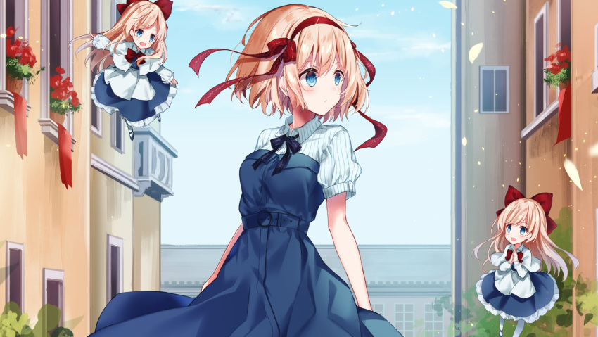 Safebooru - 3girls :d alice margatroid apron balcony bangs belt black footwear black neckwear ...