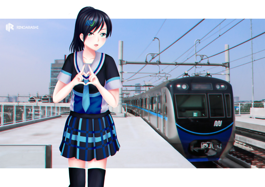 Safebooru - 1girl artist name black hair blue dress blue skirt chromatic aberration dress ground ...