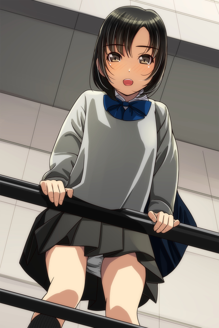 Safebooru - 1girl :d absurdres against railing arm support bangs black hair black legwear blue ...