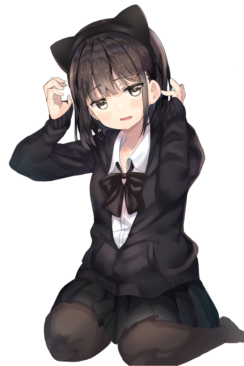 Safebooru - 1girl absurdres animal ears arms up black legwear black skirt blush bow bowtie brown ...