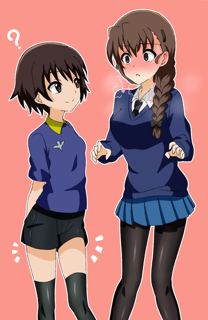 Safebooru - 2girls ? black hair black legwear black shorts blue shirt blue skirt blush braid ...