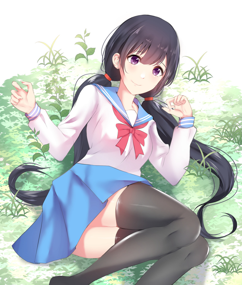 Safebooru - 1girl absurdres black hair black legwear blue sailor collar blue skirt blush bow ...