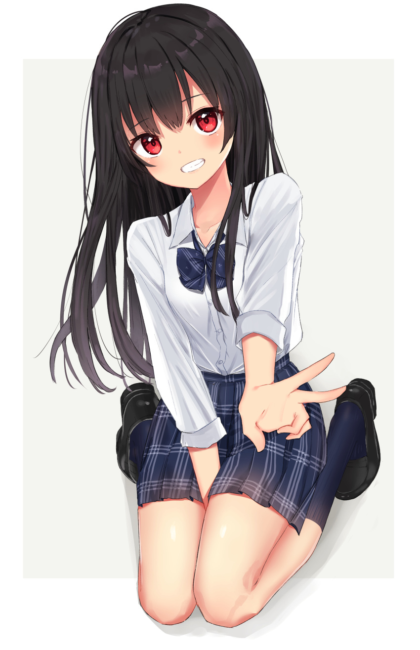 Safebooru - 1girl absurdres bangs between legs black footwear black hair blue bow blue skirt ...