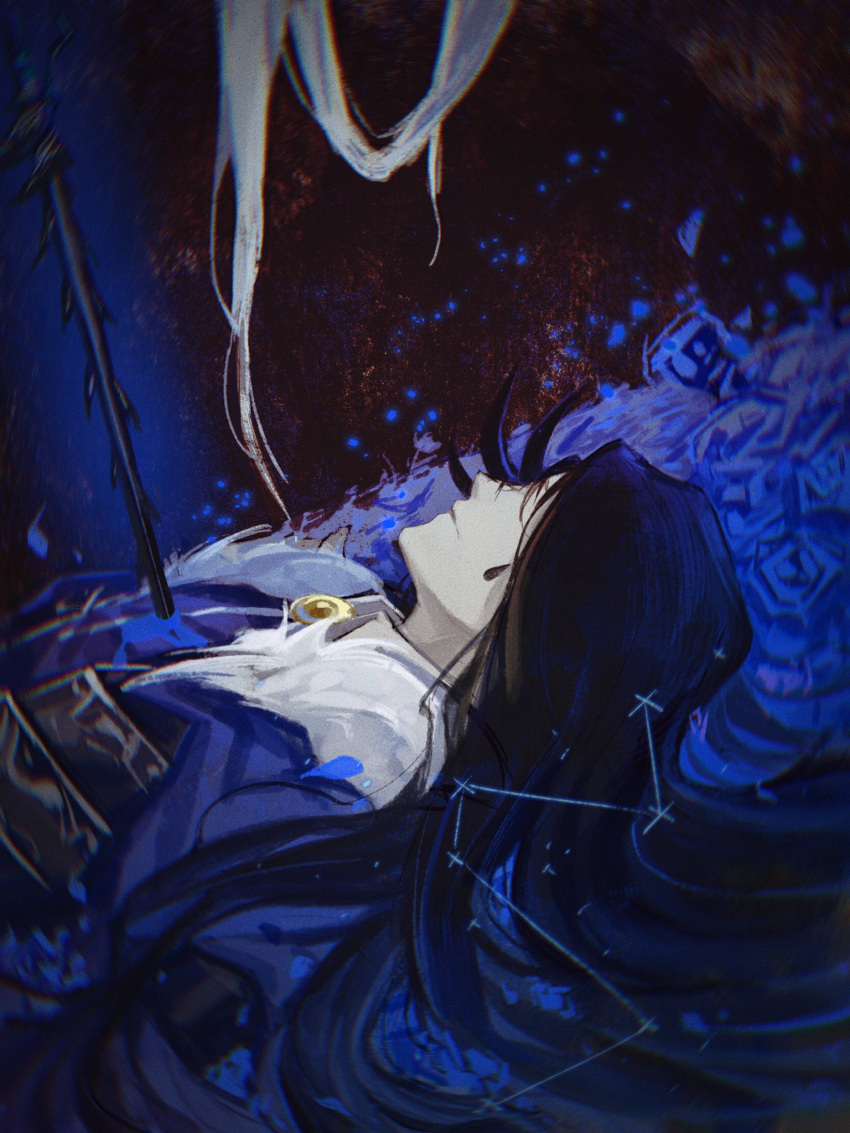 Safebooru - 1boy armor black hair blood blue blood blue flower blue ...