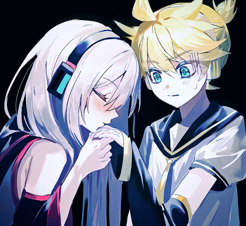 Safebooru - 1boy 1girl blonde hair blue eyes closed eyes detached sleeves headset highres ...