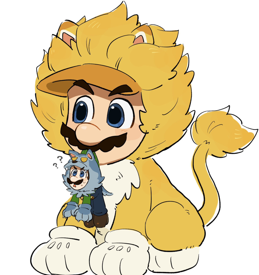 Safebooru - 2boys animal costume blue eyes blue overalls brown hair cat ...