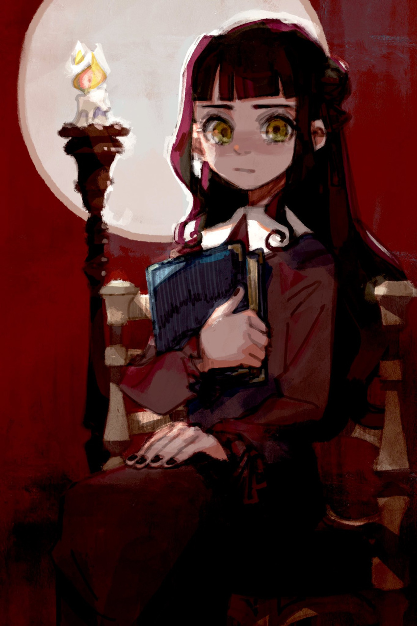 Safebooru - 1girl abstract background alternate costume alternate hair color black hair black ...