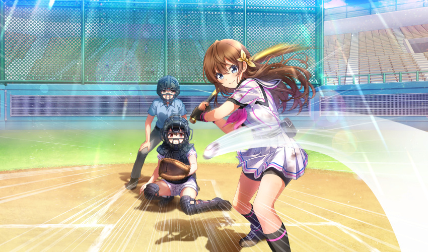Safebooru - 3girls arihara tsubasa baseball baseball (object) baseball bat baseball stadium ...