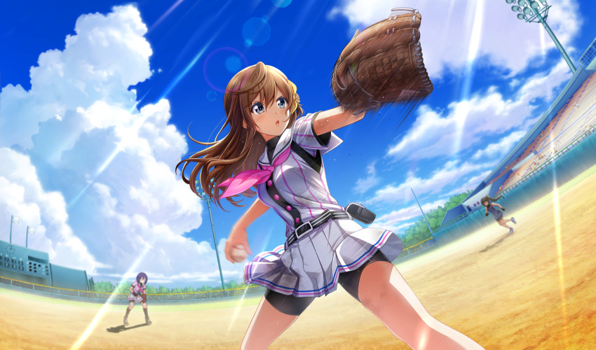 Safebooru - 3girls arihara tsubasa ball baseball (object) baseball mitt baseball stadium ...