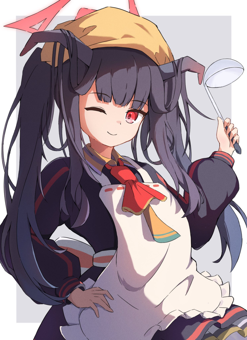 Safebooru - 1girl ;) apron ascot black hair black horns blue archive ...
