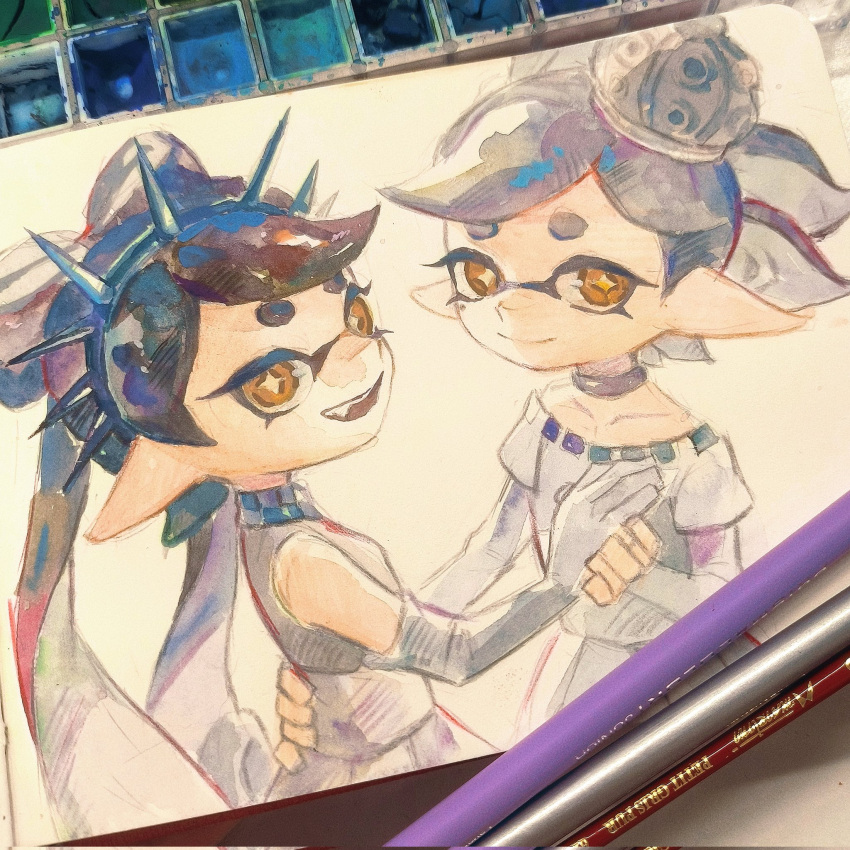 Safebooru - 2girls arm around back art tools in frame bow-shaped hair ...