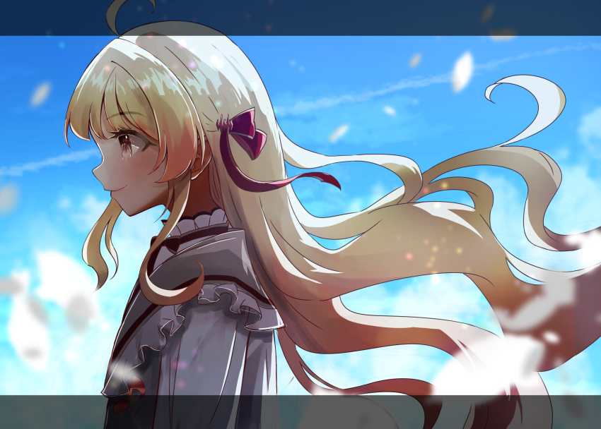 Safebooru - 1girl ahoge blonde hair blue sky brown dress clouds dress ...