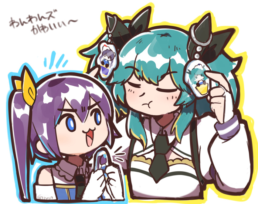 Safebooru - 2girls :3 :t aqua hair arms up assault lily bare shoulders black necktie black ...