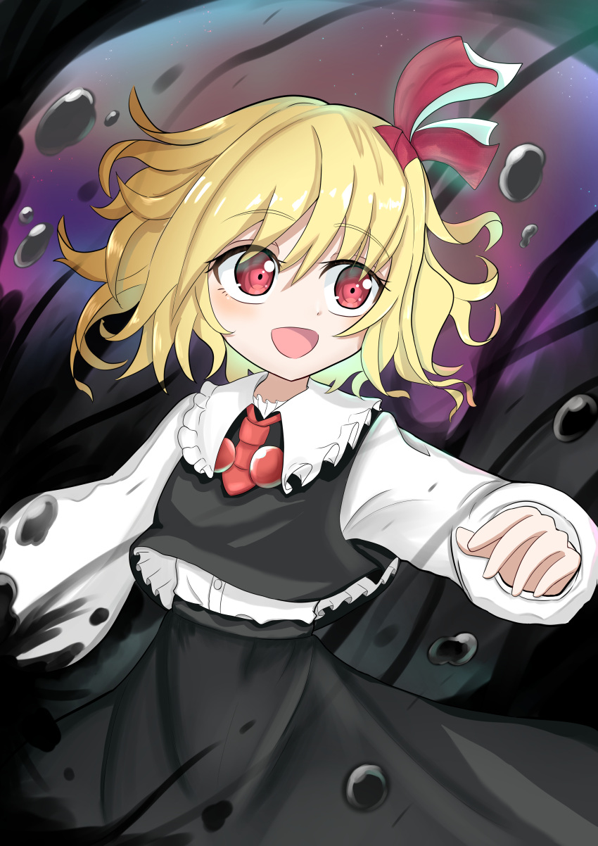 Safebooru - 1girl :d absurdres ascot black skirt black vest blonde hair blush bow collared shirt ...