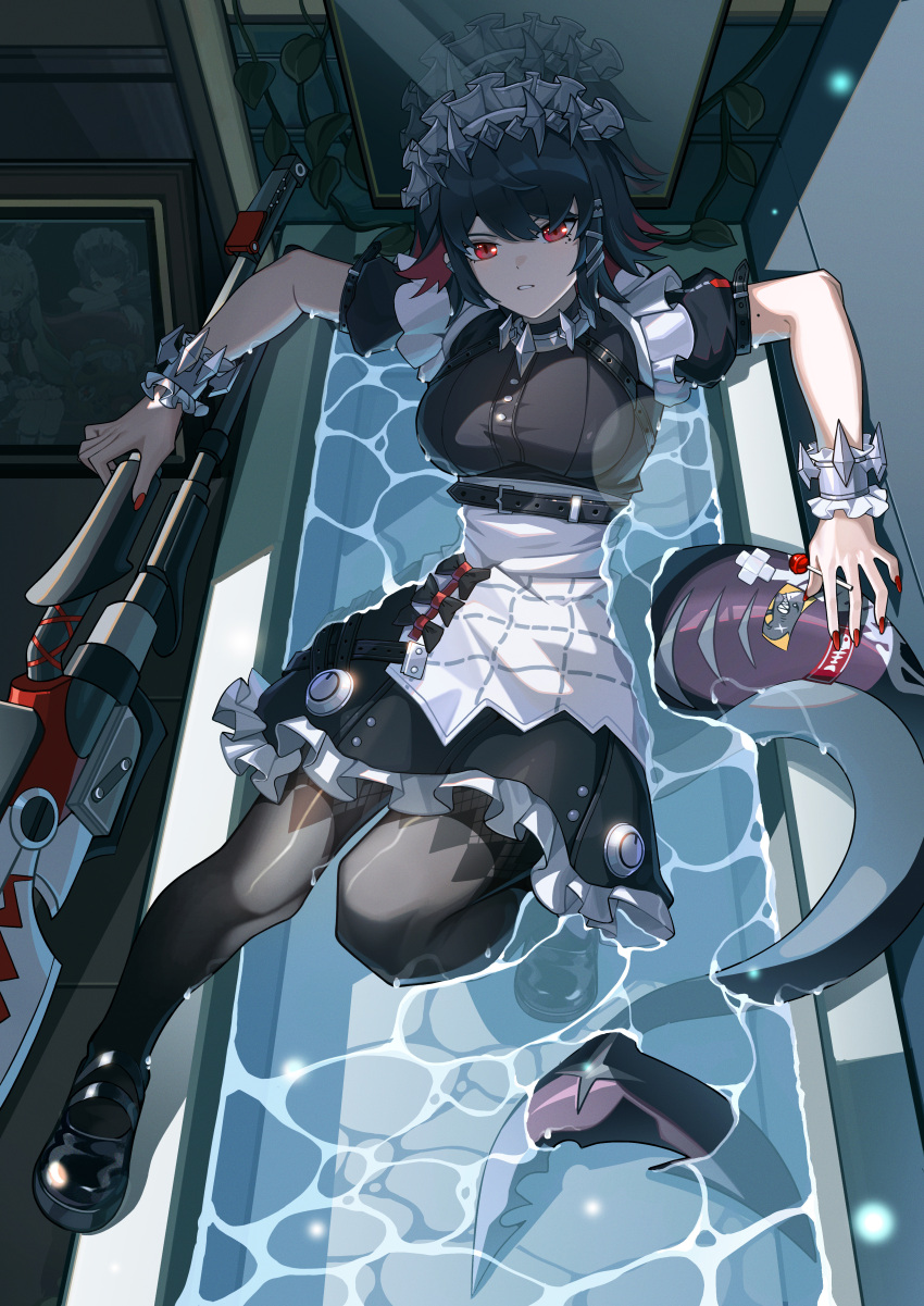 Safebooru - 1girl absurdres apron belt black dress black footwear black hair black pantyhose ...