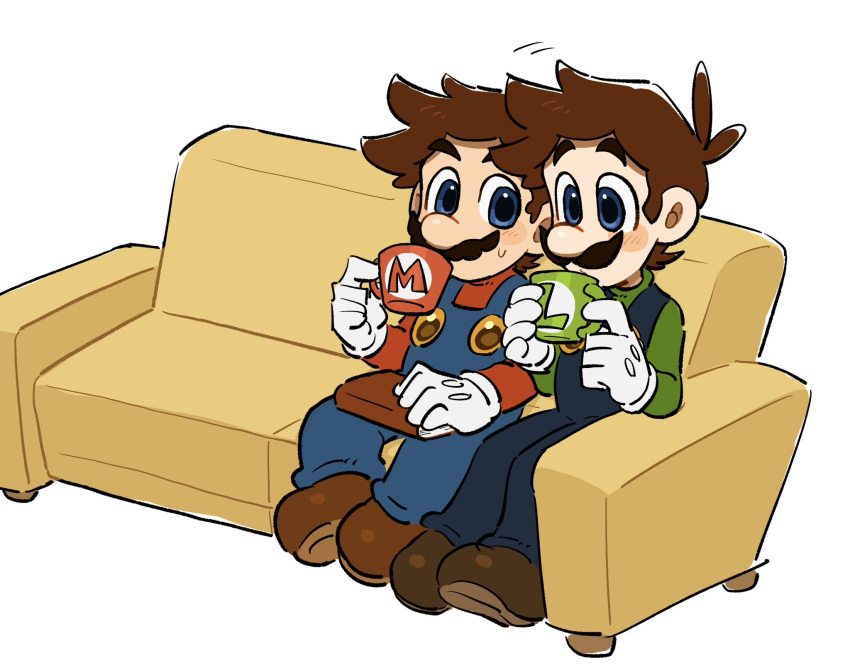 Safebooru - 2boys blue eyes blue overalls book brown hair cup facial ...