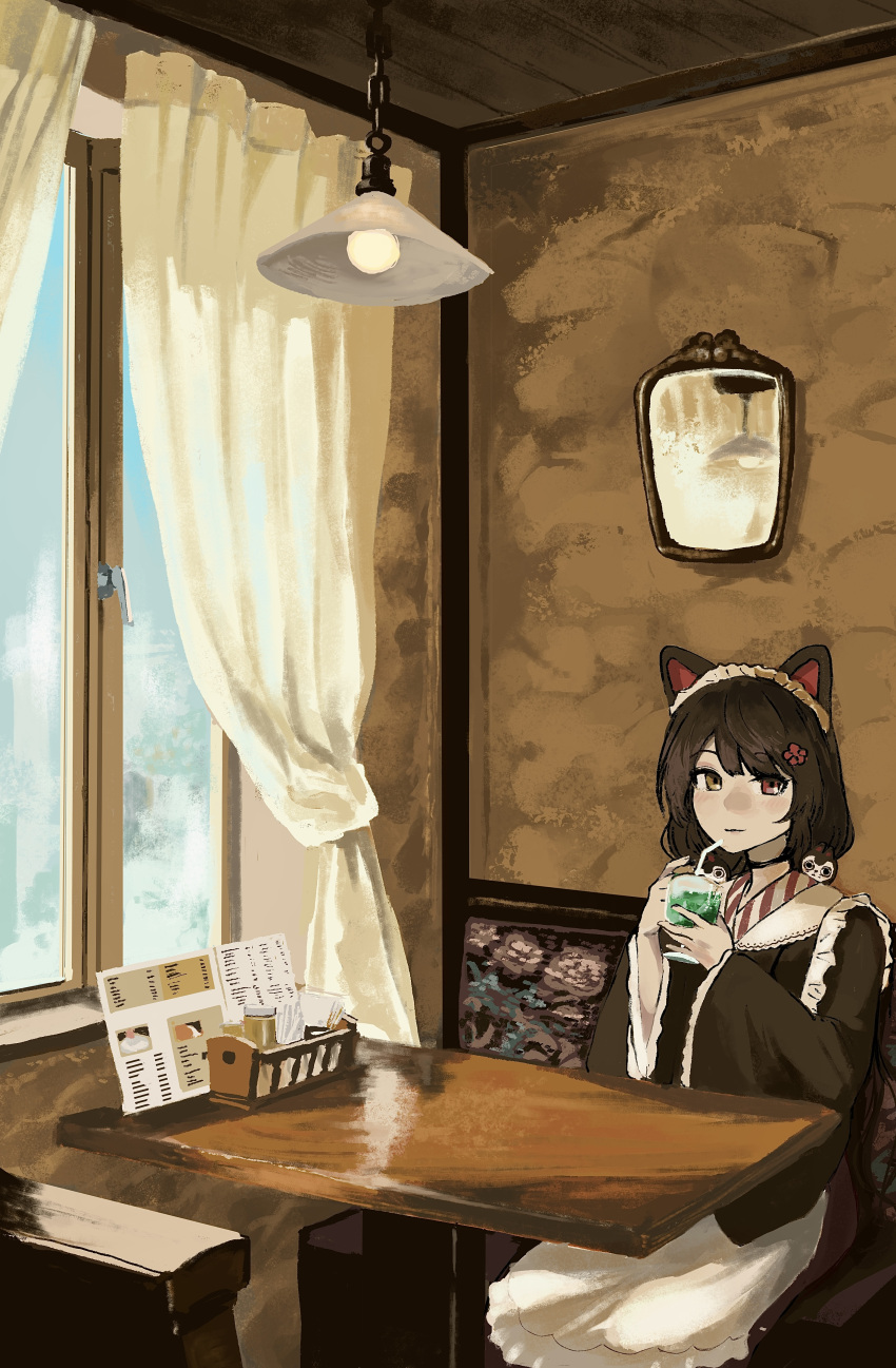 Safebooru - 1girl absurdres booth seating brown eyes brown hair cafe ...