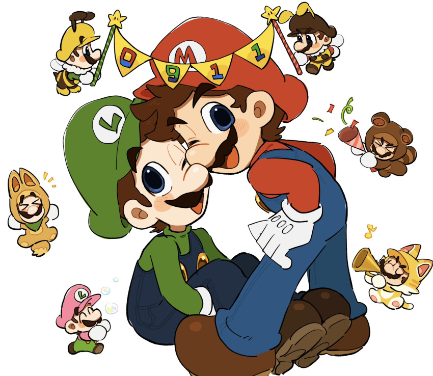 Safebooru - 2boys bee mario blue eyes blue overalls brothers brown hair ...