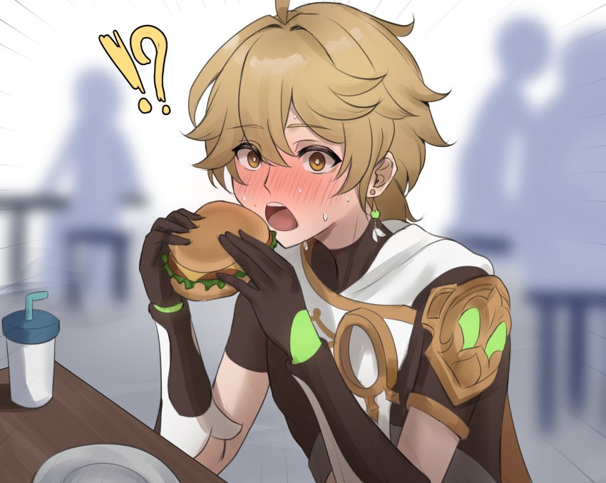 Safebooru - !? 1boy absurdres aether (genshin impact) ahoge blonde hair blush brown eyes burger ...