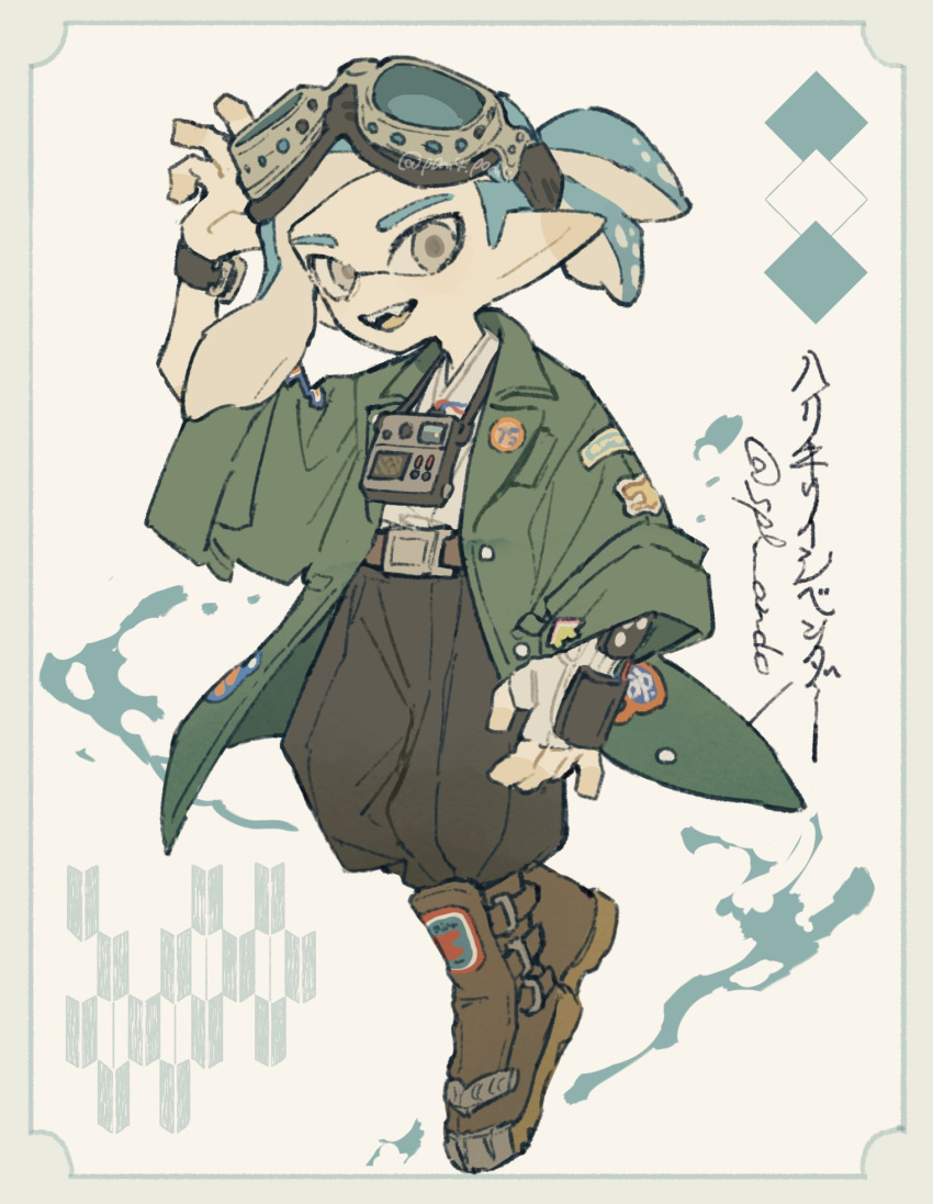 Safebooru - 1boy belt black pants blue hair brown footwear goggles ...