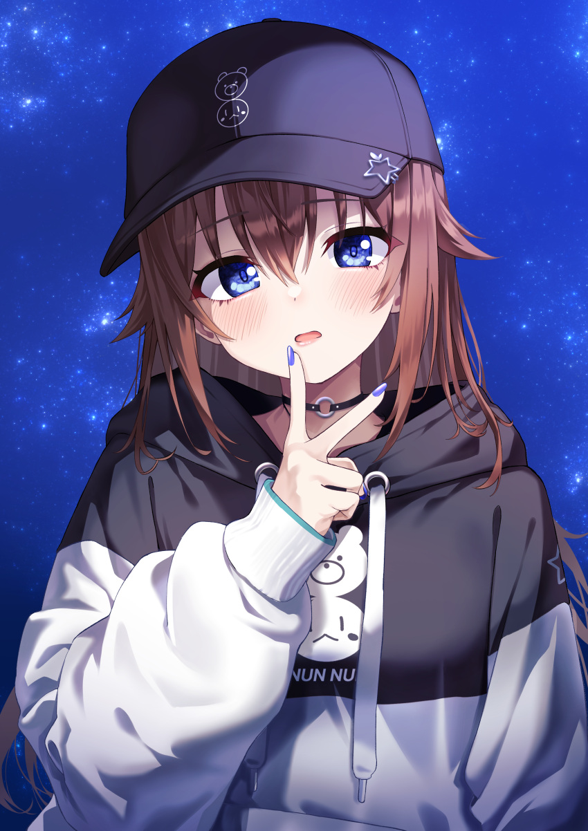 Safebooru - 1girl absurdres baseball cap black choker black hat black hoodie blue background ...