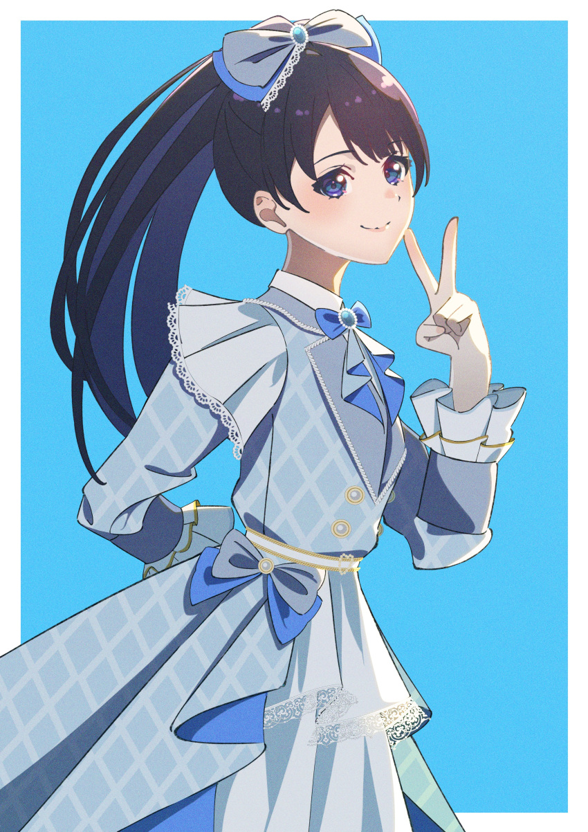 Safebooru - 1girl absurdres arm behind back blue background blue bow blue bowtie blue coat blue ...