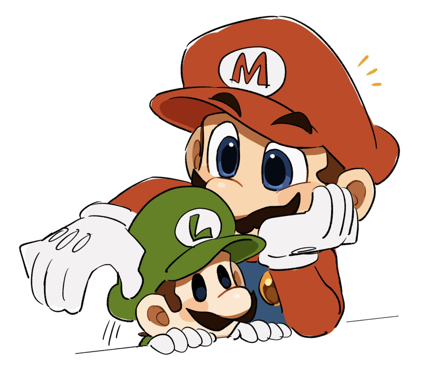 Safebooru - 2boys blue eyes blue overalls brown hair facial hair gloves green shirt hat highres ...