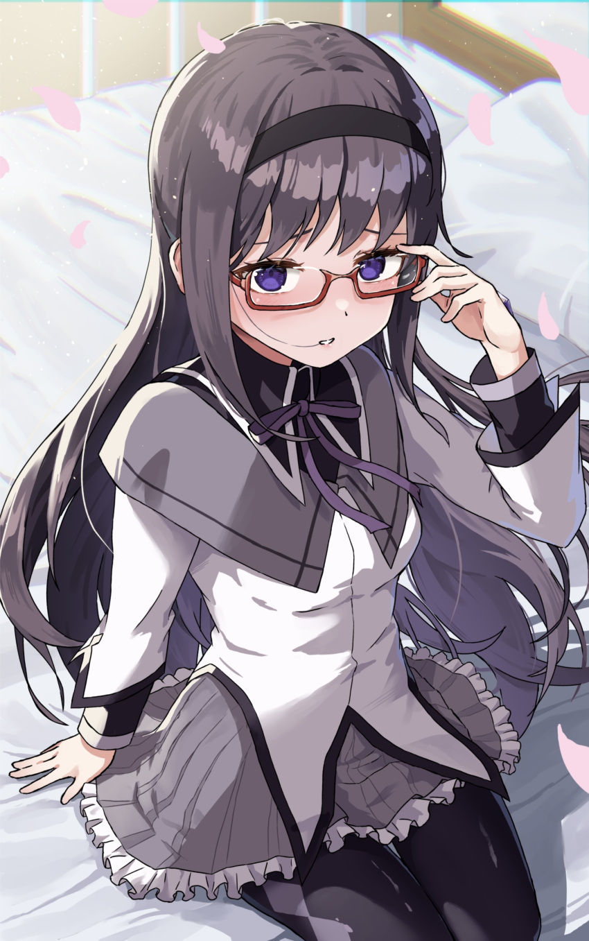 Safebooru 1girl Absurdres Adjusting Eyewear Akemi Homura Akemi Homura