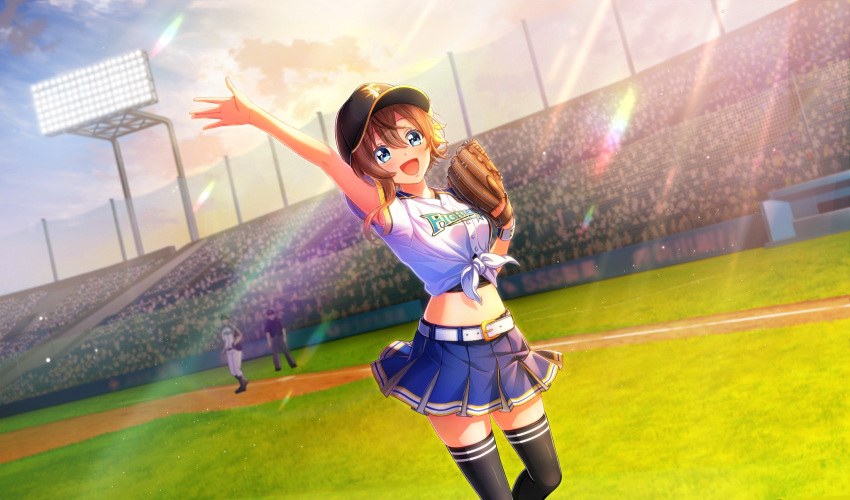 Safebooru - 1girl :d arihara tsubasa arm up baseball mitt baseball stadium baseball uniform belt ...