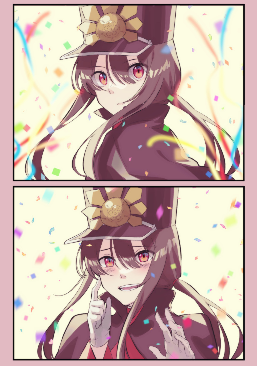 Safebooru - 1boy :d black border black cape black hair blush border ...