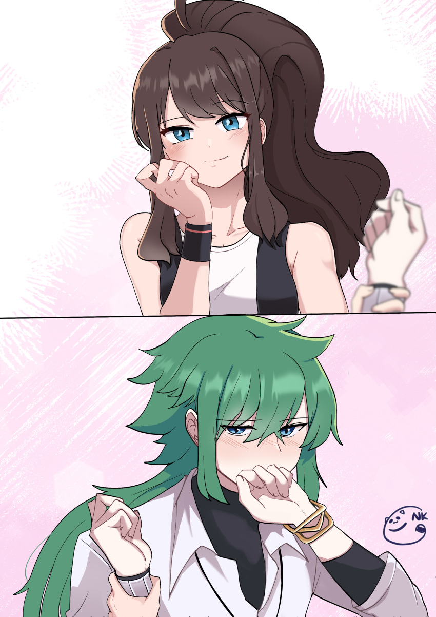 Safebooru - 1boy 1girl absurdres bangle black vest black wristband blue eyes blush bracelet ...