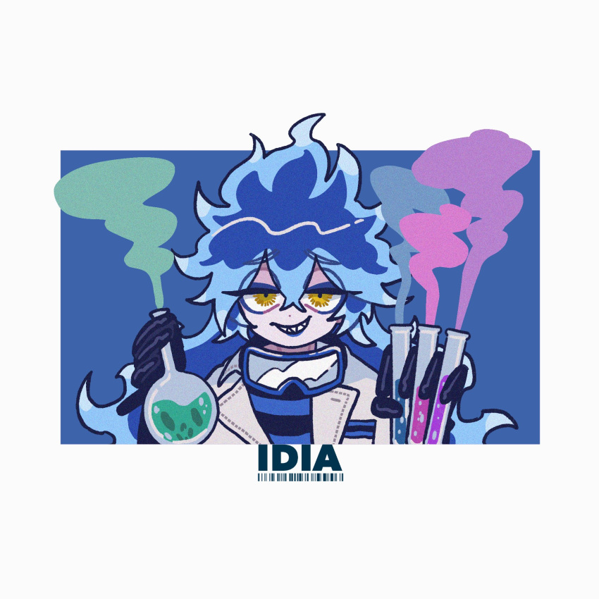 Safebooru - 1boy blue background blue hair commentary fiery hair flask goggles goggles around ...