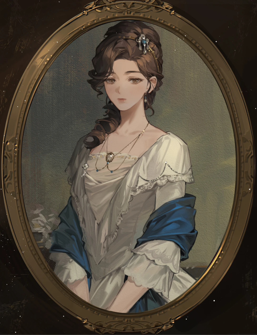 Safebooru - 1girl blue shawl brown background brown eyes brown hair closed mouth dress earrings ...