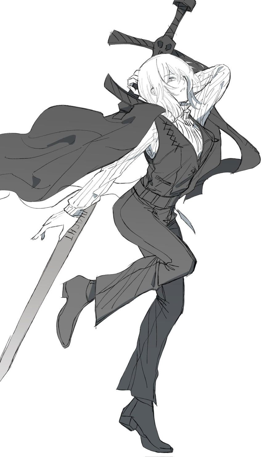 Safebooru - 1girl arm up belt breasts coat coat on shoulders faust ...