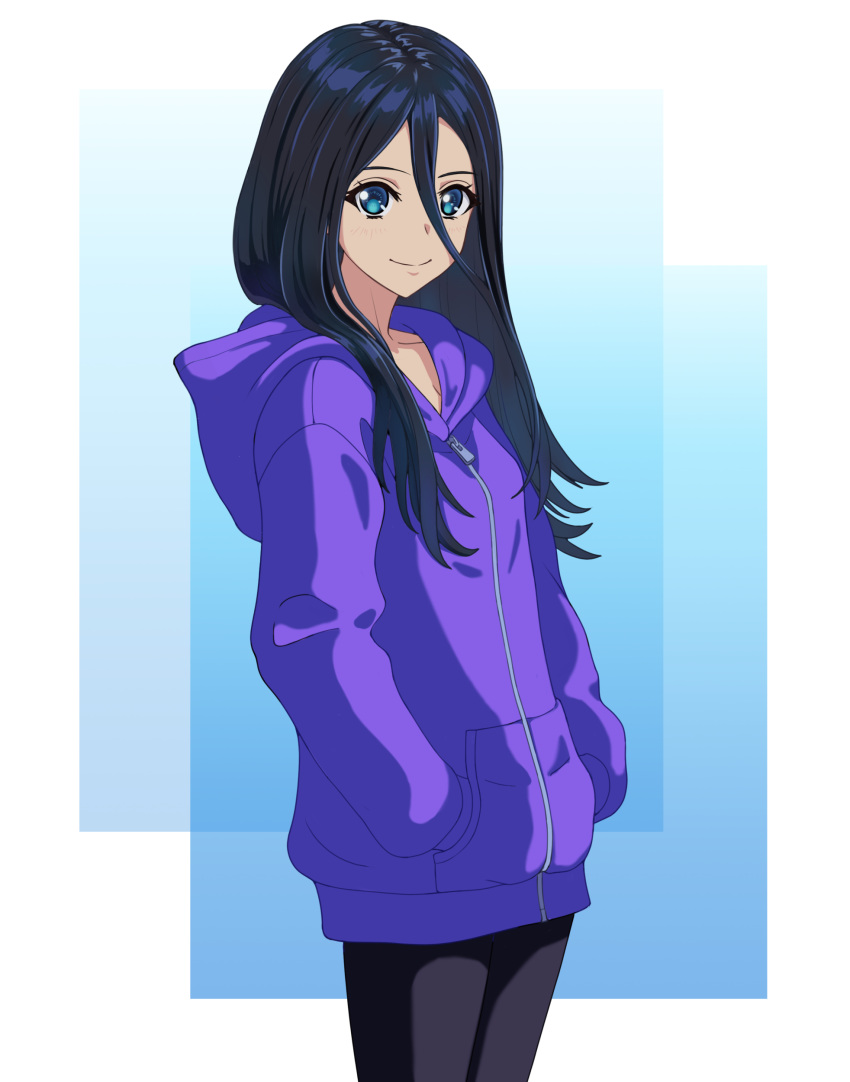 Safebooru - 1girl absurdres black hair black pants blue background blue eyes hair between eyes ...