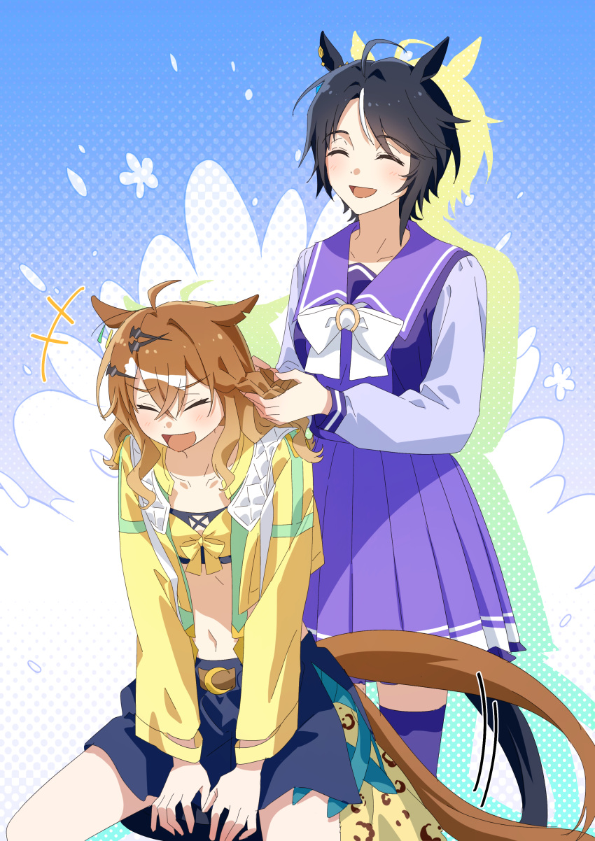 Safebooru - +++ 2girls ^ ^ absurdres afterimage ahoge animal ears bandeau black hair blue skirt ...