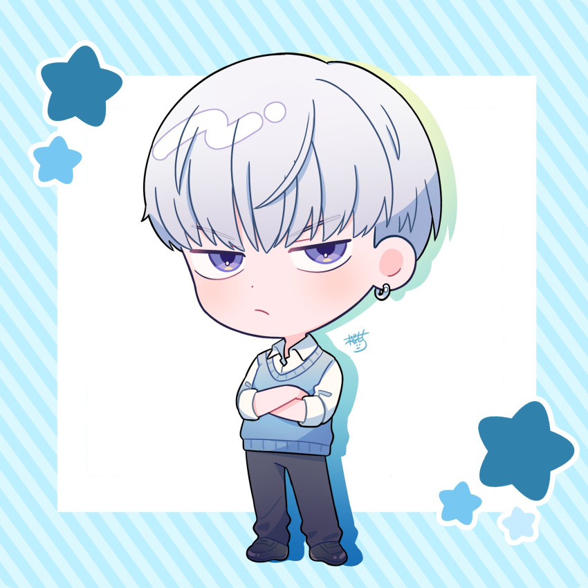 Safebooru - 1boy absurdres black footwear black pants blue border ...